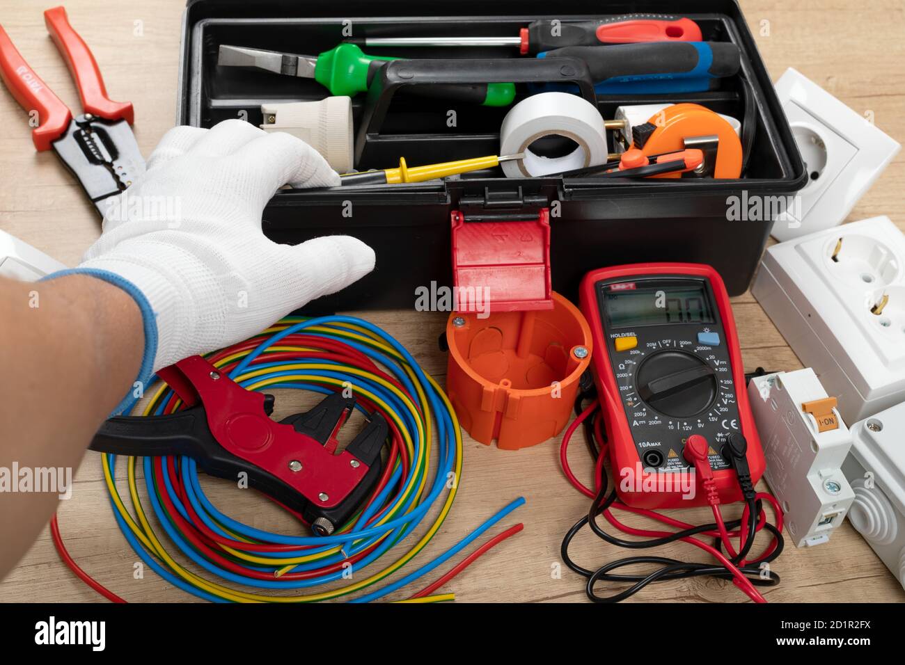 Tools for electrician needs: shocket multimeter, voltage testers, wire ...