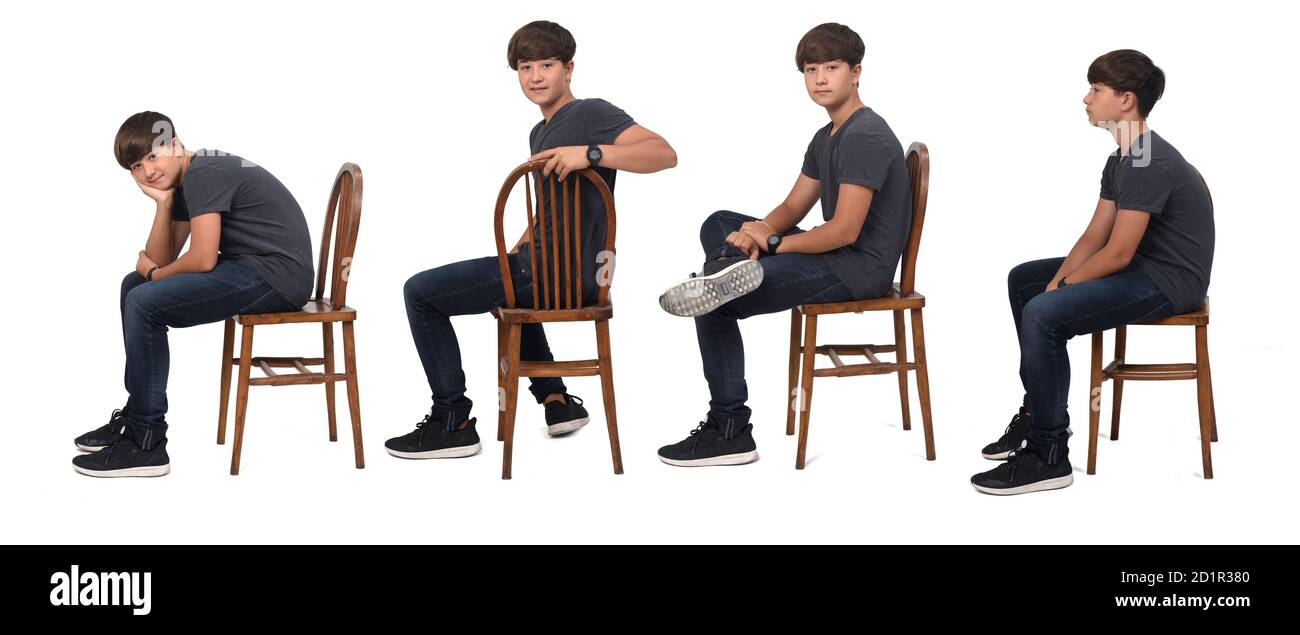 side view of group of same teenage boy sitting on white background ...