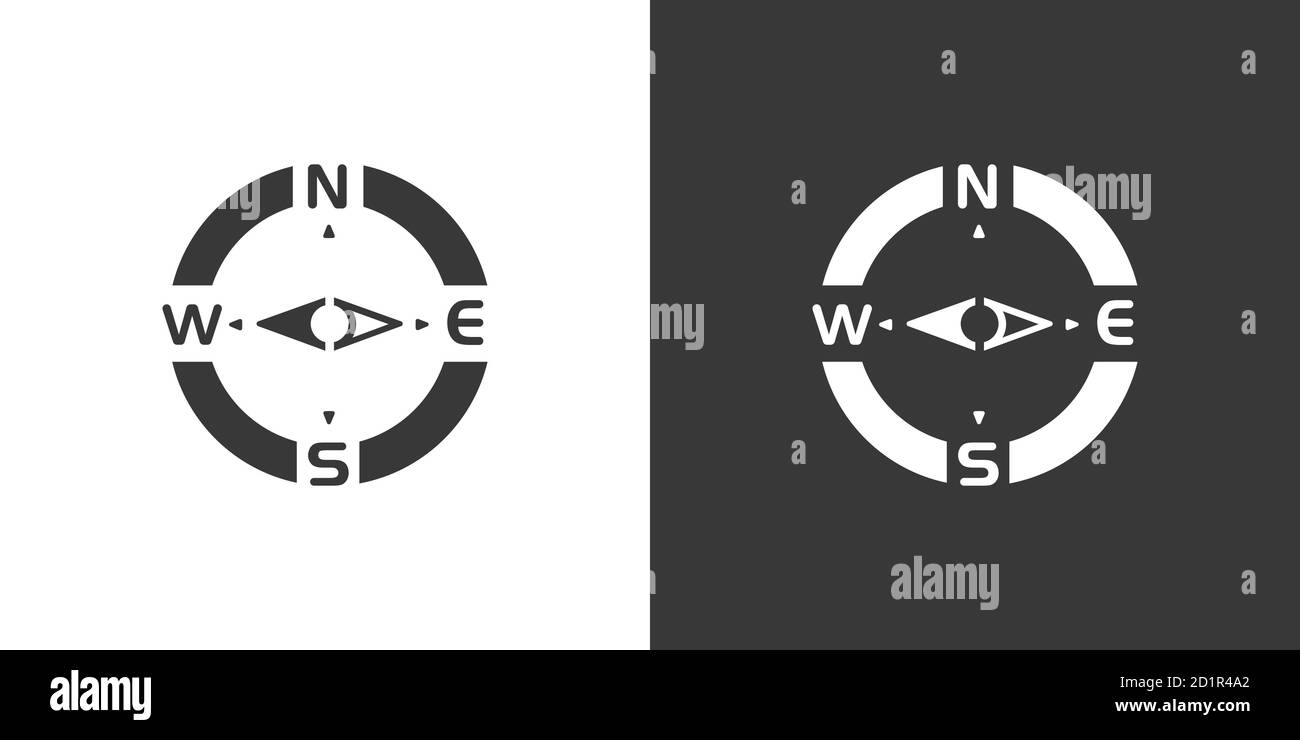 Compass. West direction. Isolated icon on black and white background. Weather glyph vector ...