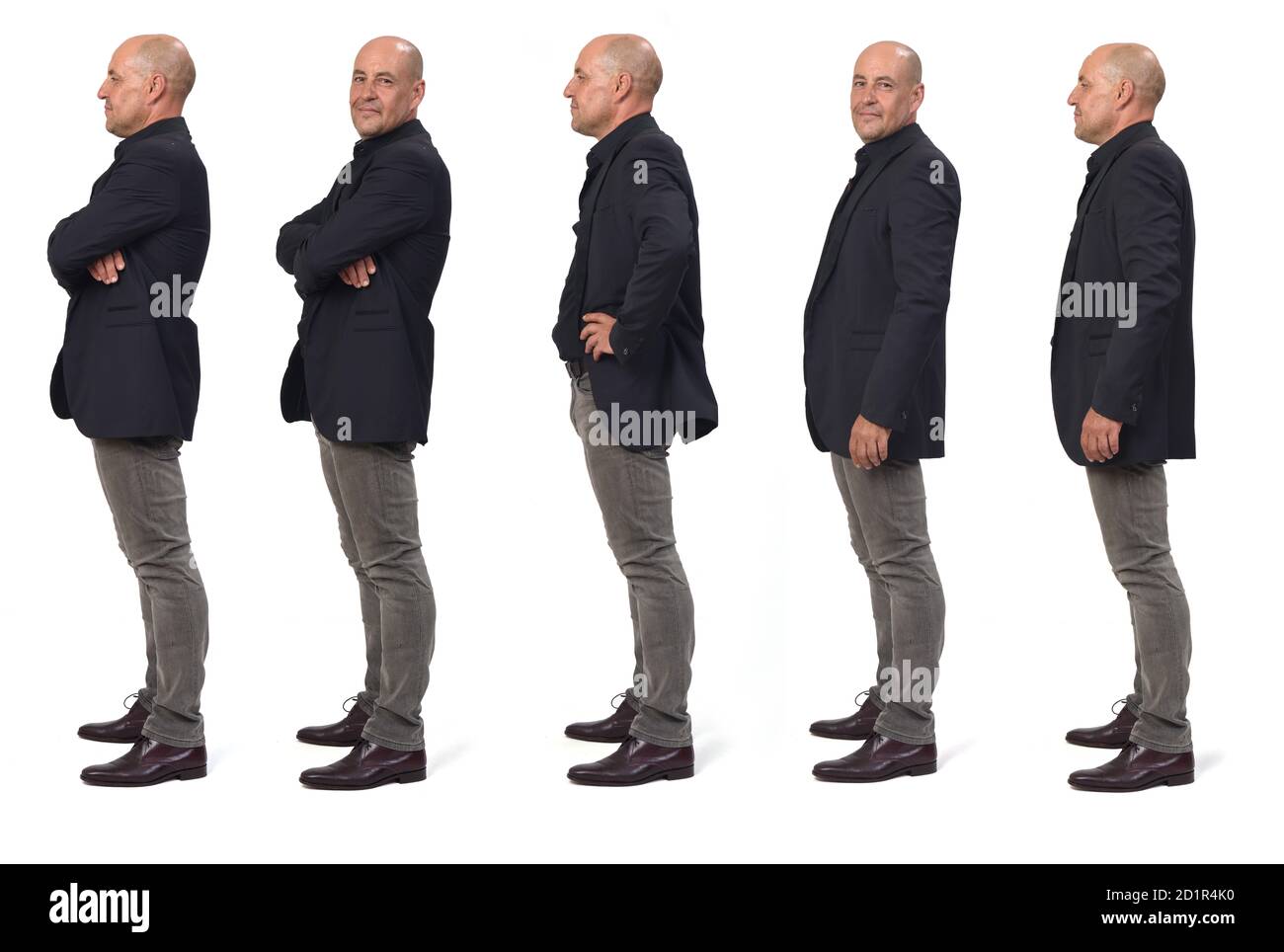 side view of the same man with various poses on white background Stock ...