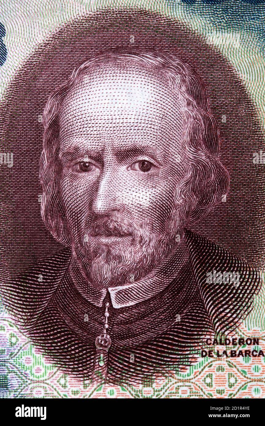 Pedro Calderon de la Barca a portrait from old Spanish money Stock ...