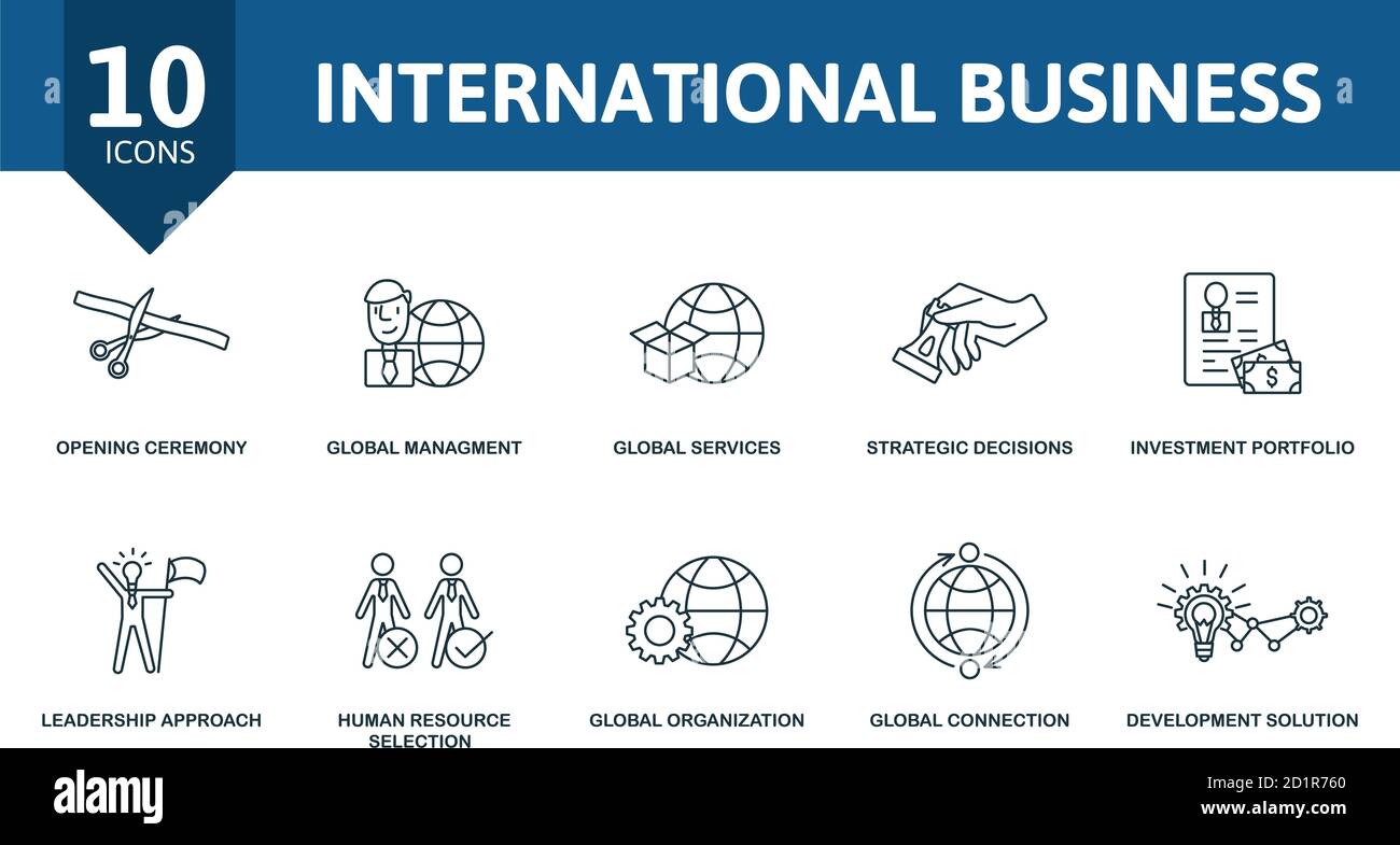 International Business icon set. Collection contain opening ceremony ...