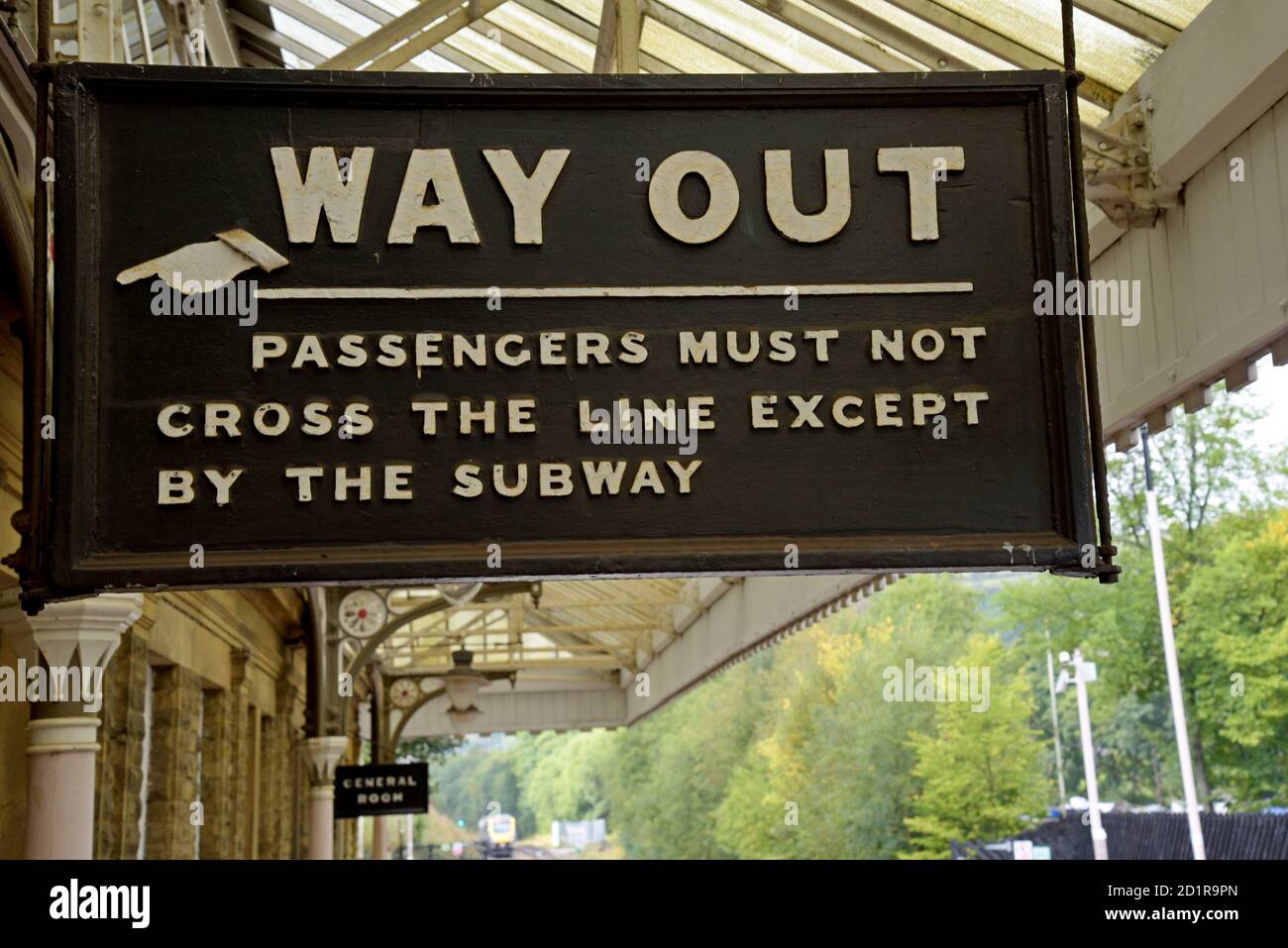 An original railway station way out sign at Hebden Bridge Railway ...