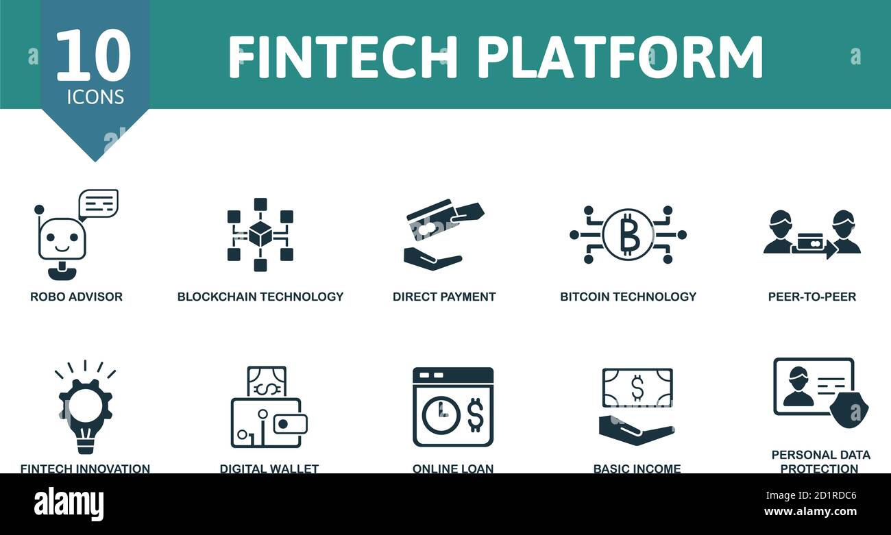 Fintech Platform icon set. Collection contain direct payment, robo ...