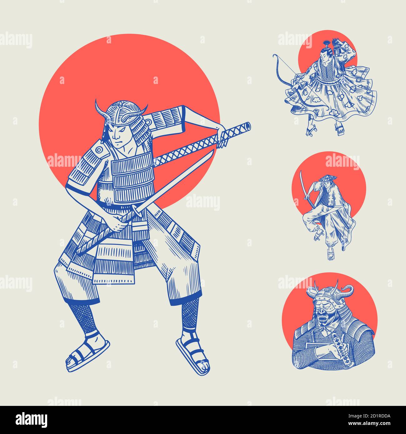 Japanese samurai and red sun. Warriors with weapons sketch. Men in a ...
