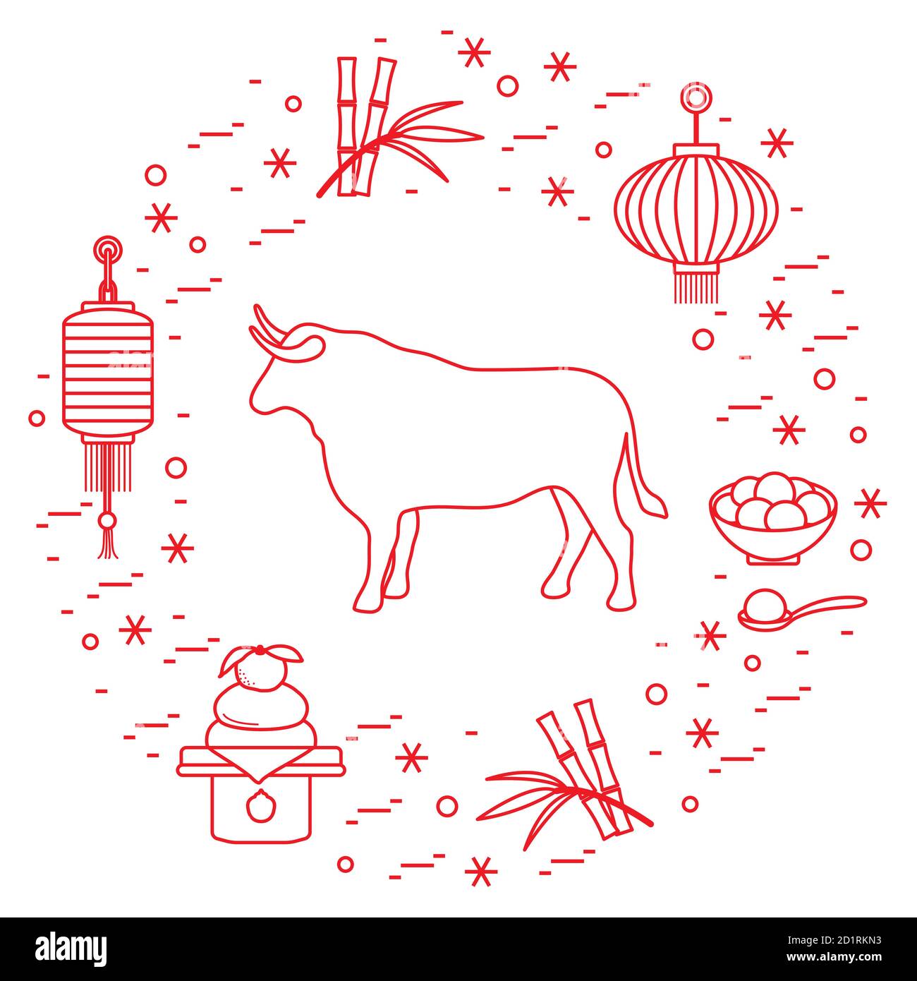 Happy New Year 2021 Vector illustration bull, lanterns, traditional ...