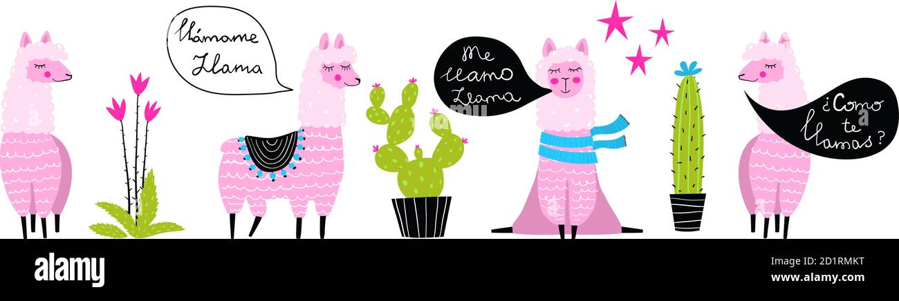Llamas and Cactus fun collection hand drawn cartoon watercolor style ...