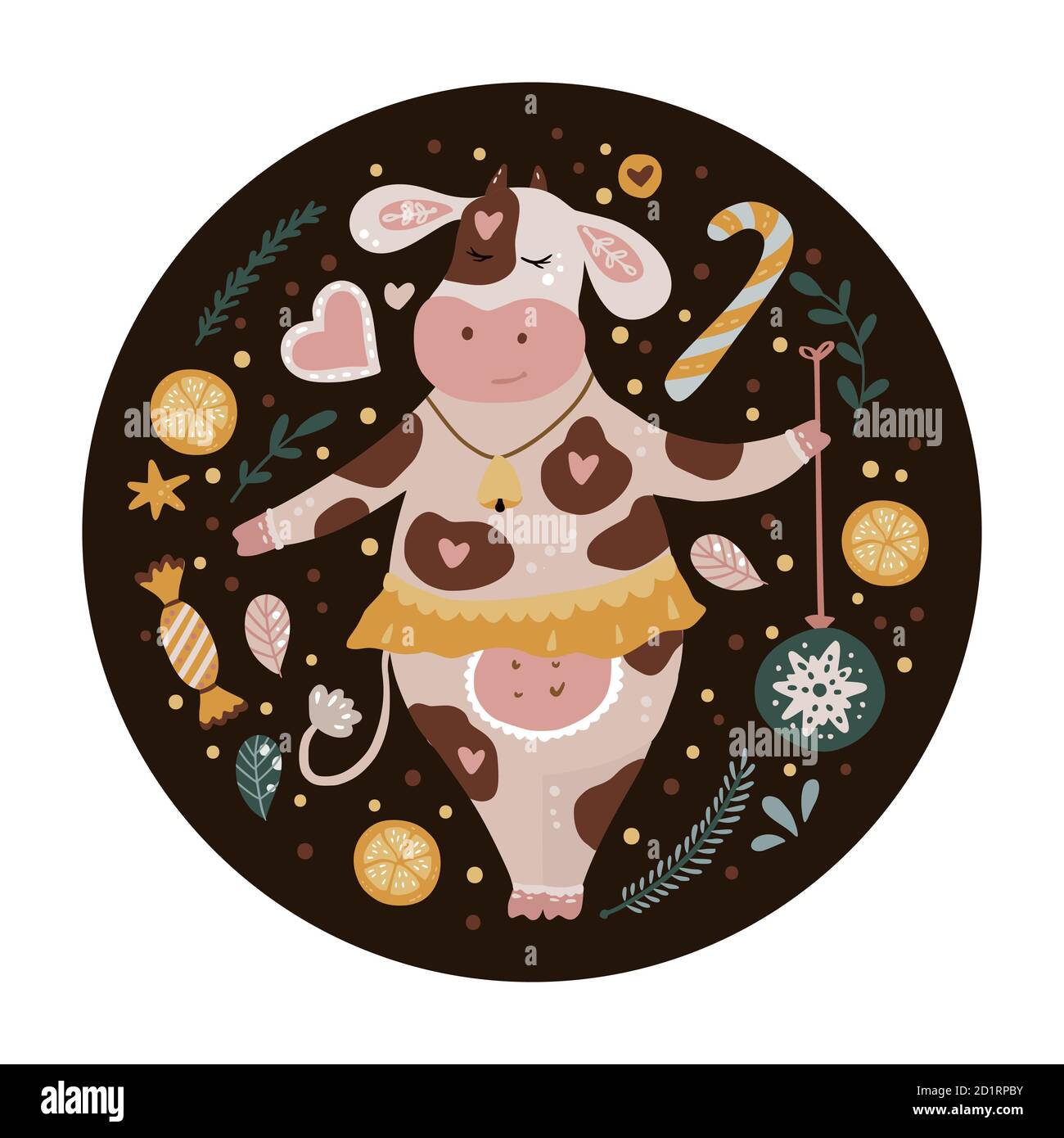 Christmas cute cartoon round cow vector illustration. Animal ornate ...