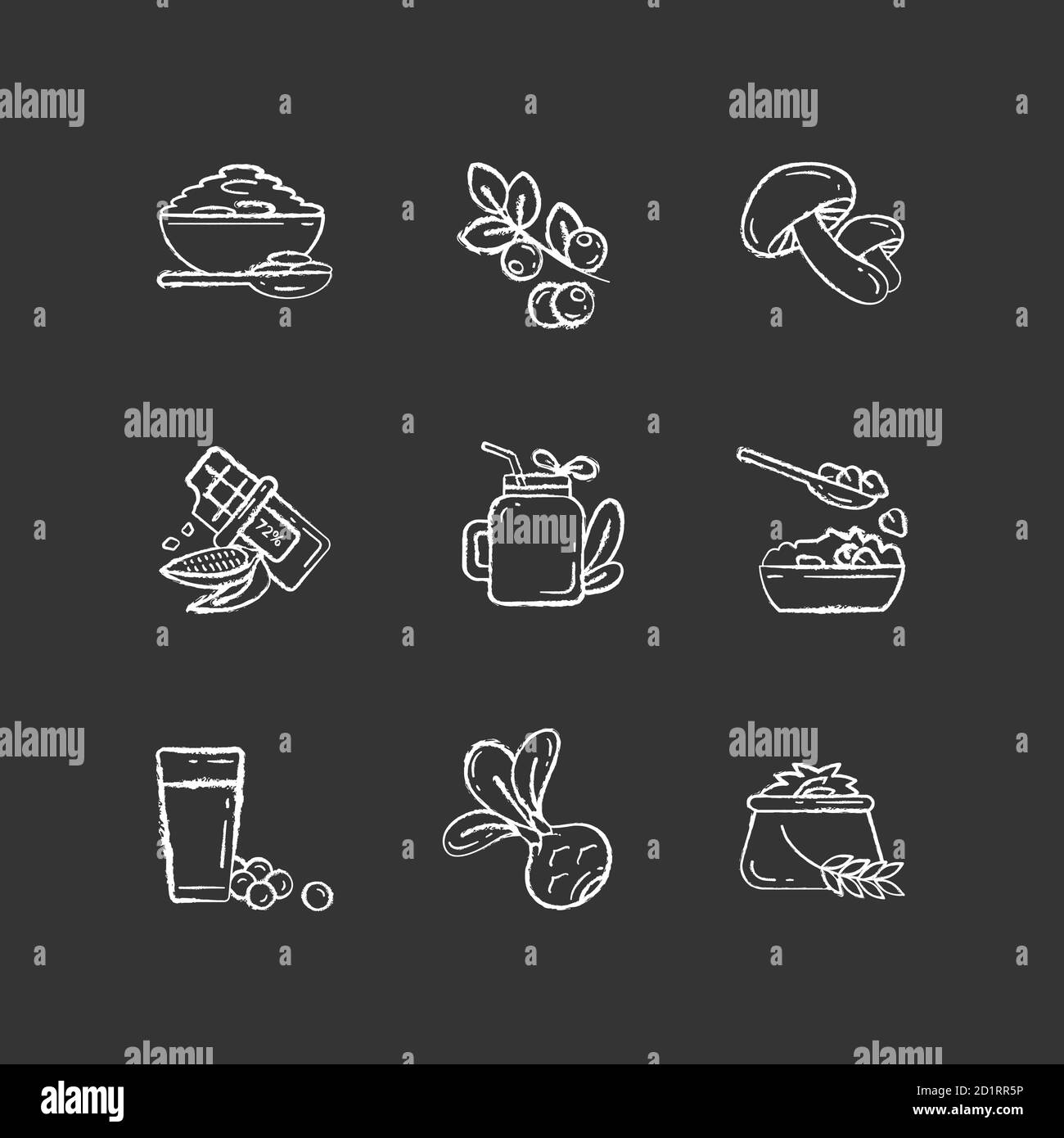 Vegetarian meals chalk white icons set on black background Stock Vector ...