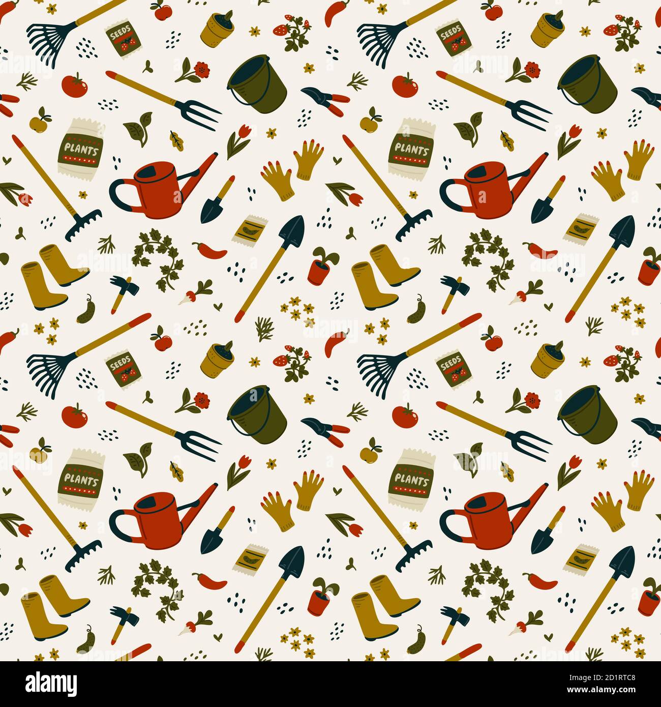 Gardening seamless pattern. Different types of tools for gardening and ...