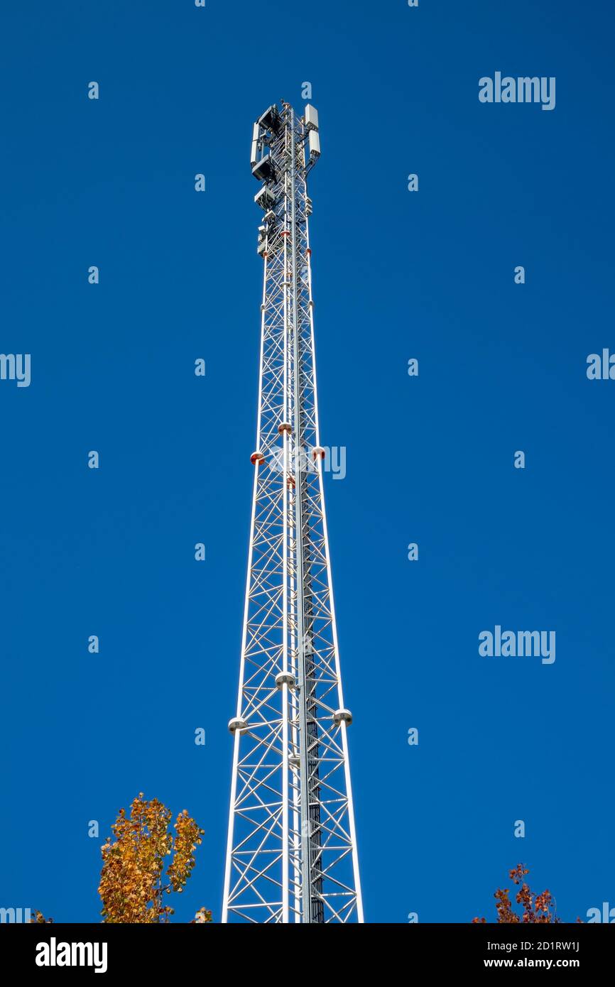 communication transmission tower against blue sky Stock Photo - Alamy