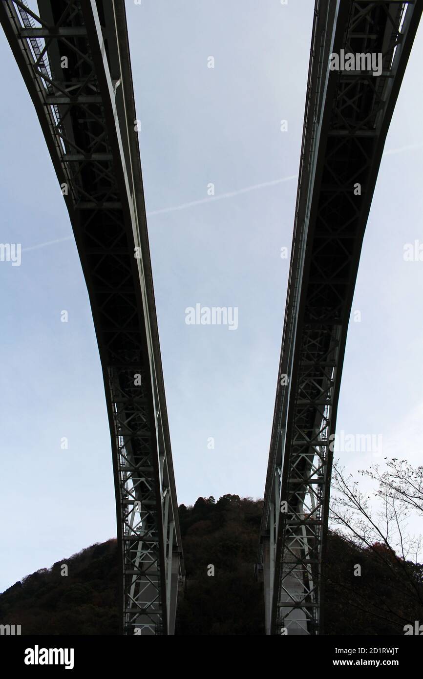 Under two bridges crossing the mountain, in Beppu, Oita. Taken in ...