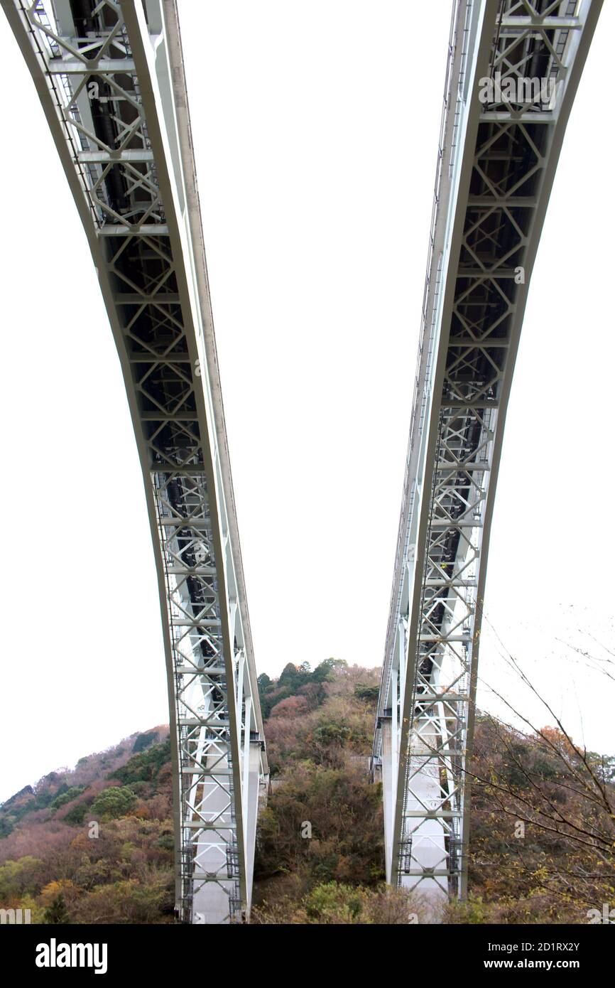 Under two bridges crossing the mountain, in Beppu, Oita. Taken in ...