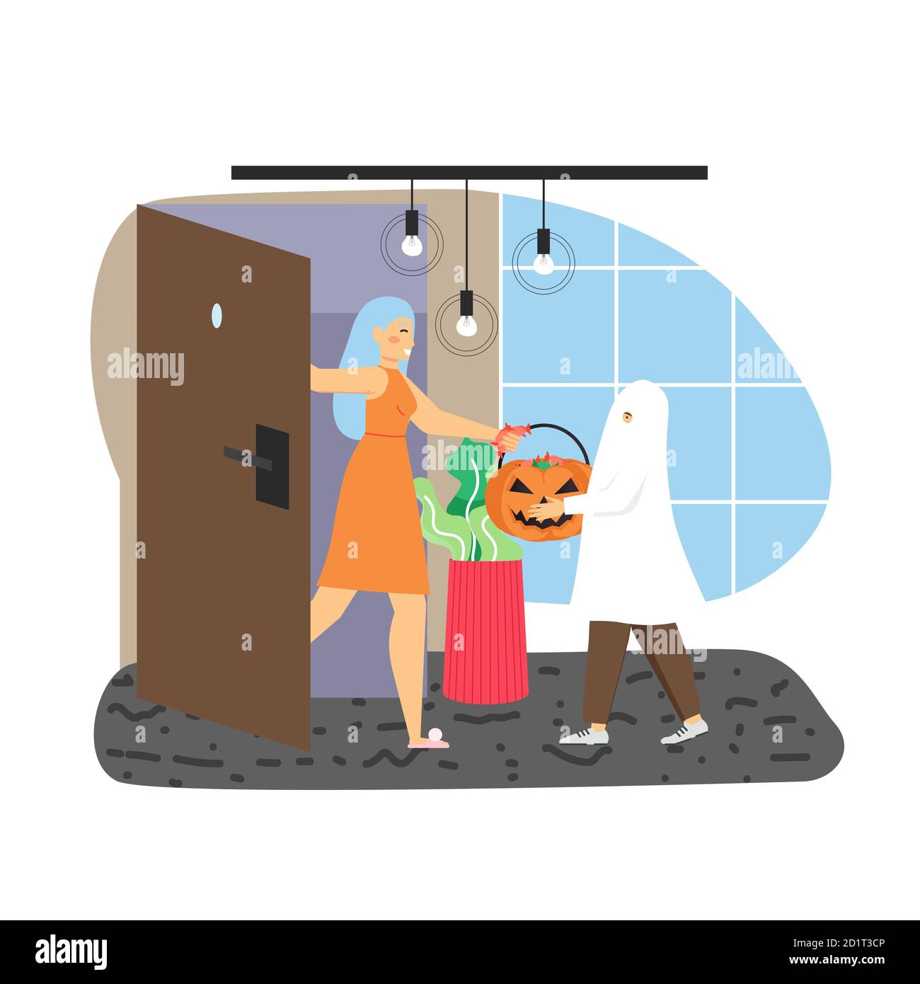 Cute boy in Halloween ghost costume with pumpkin basket trick or ...