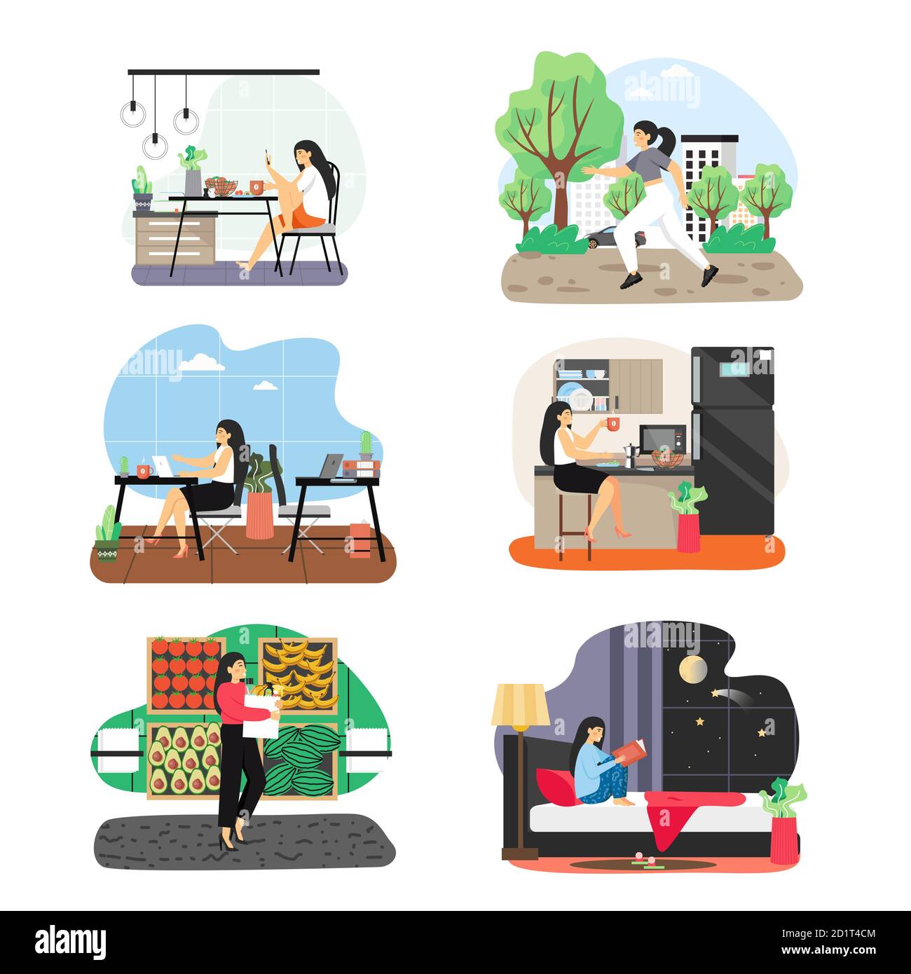 Business woman daily life scene set, flat vector isolated illustration ...