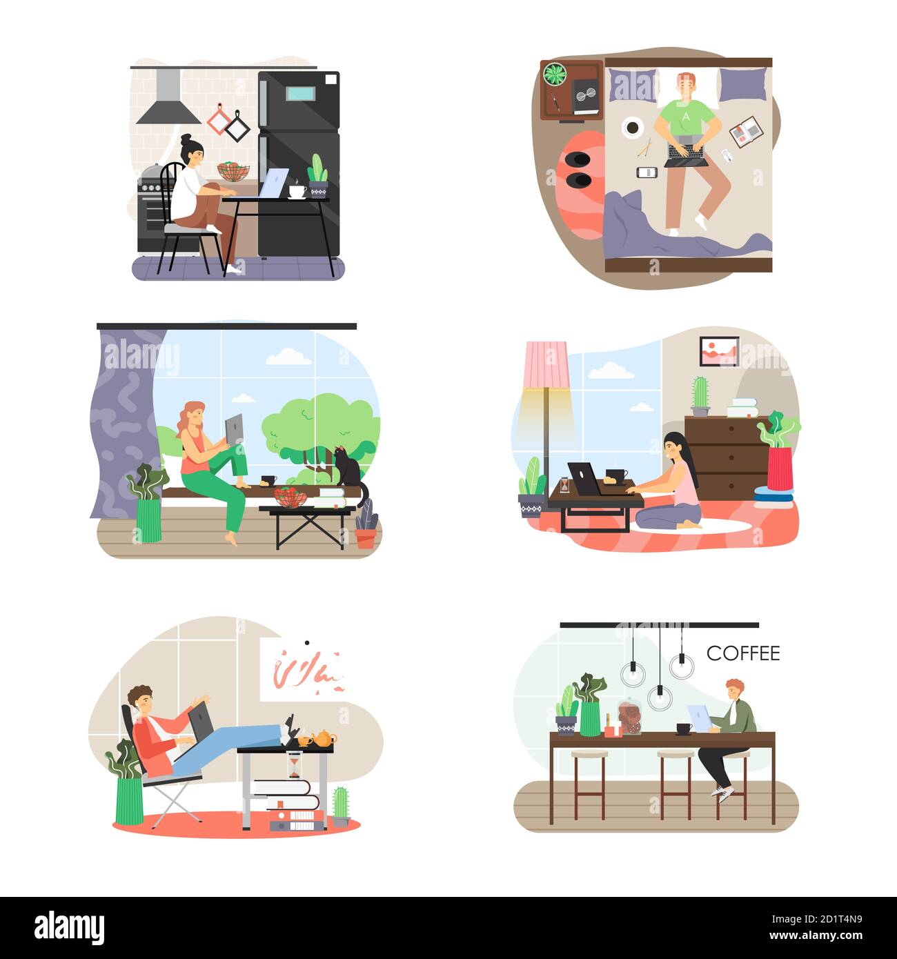 Freelance set. People working from home office, coffee shop, flat ...