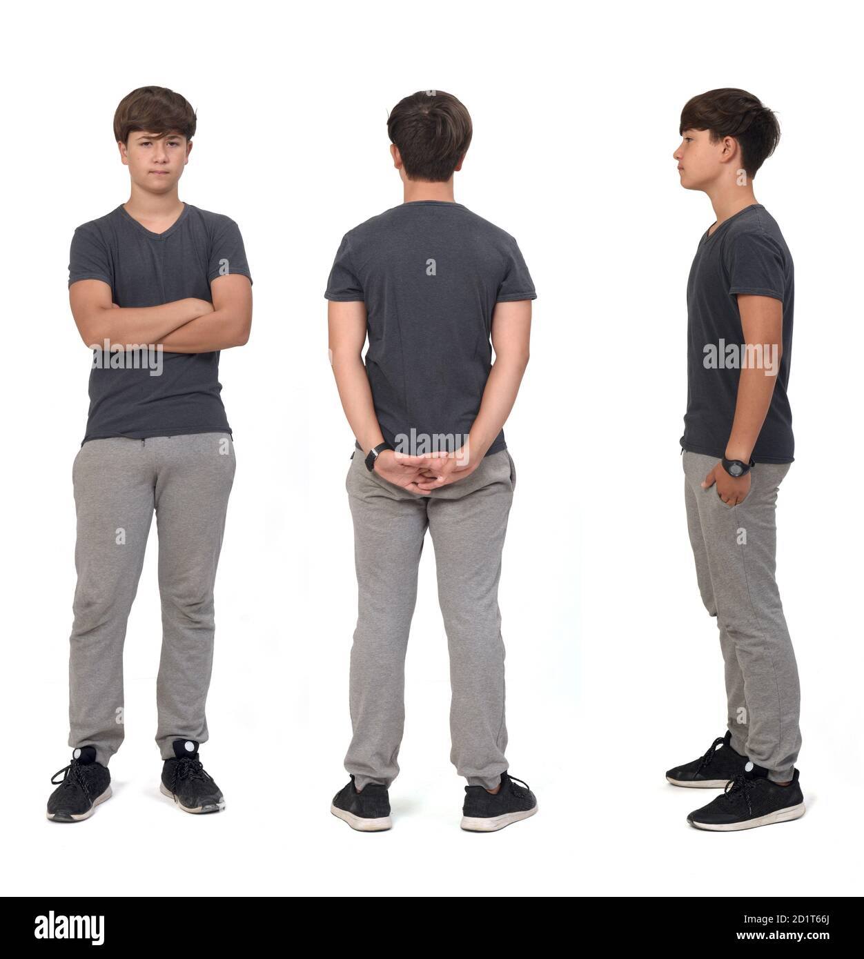 front,side and back view of same teenage boy with sportswear on white ...