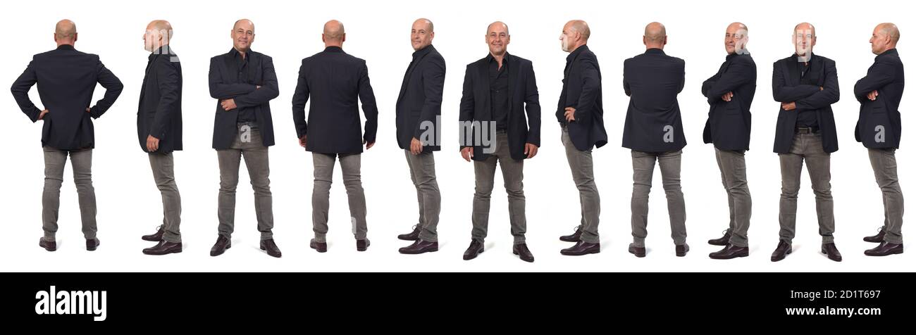 large group of the same man with various poses on white background ...