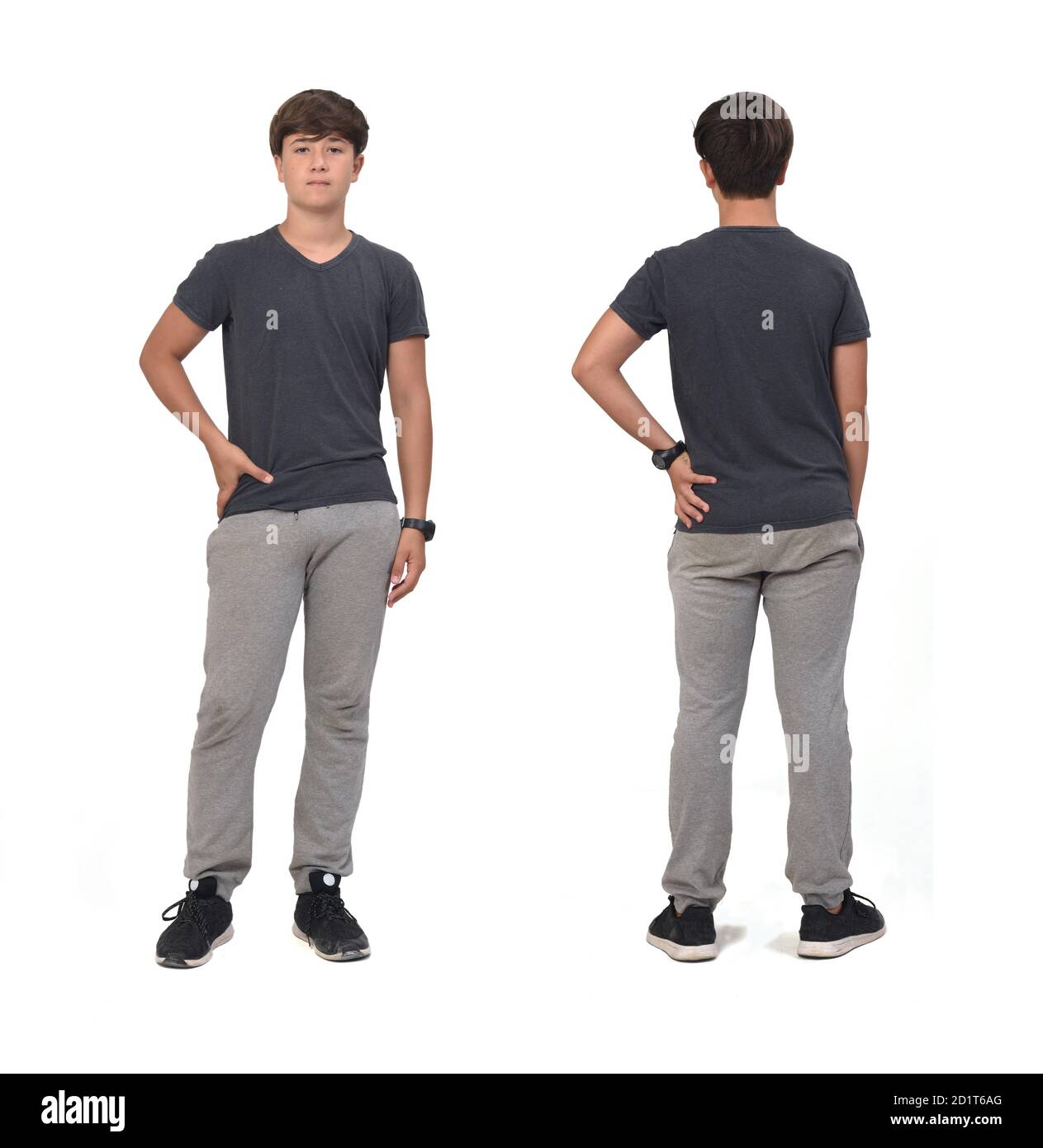 front and back view of same teenage boy with sportswear on white Stock ...