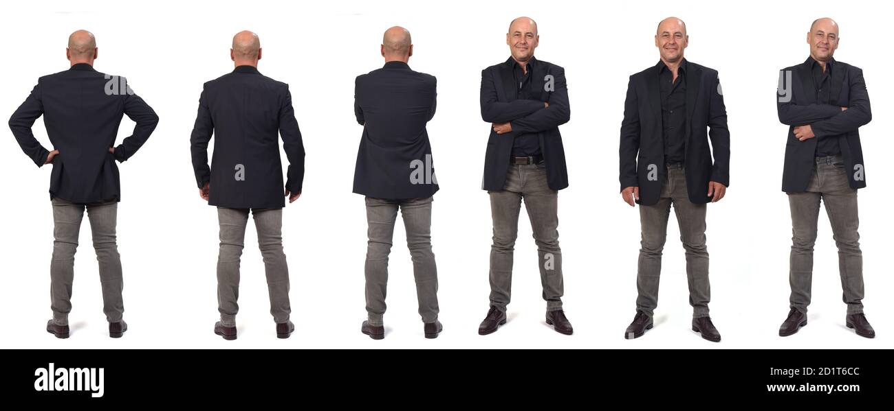rear and front view of the same man with various poses on white ...