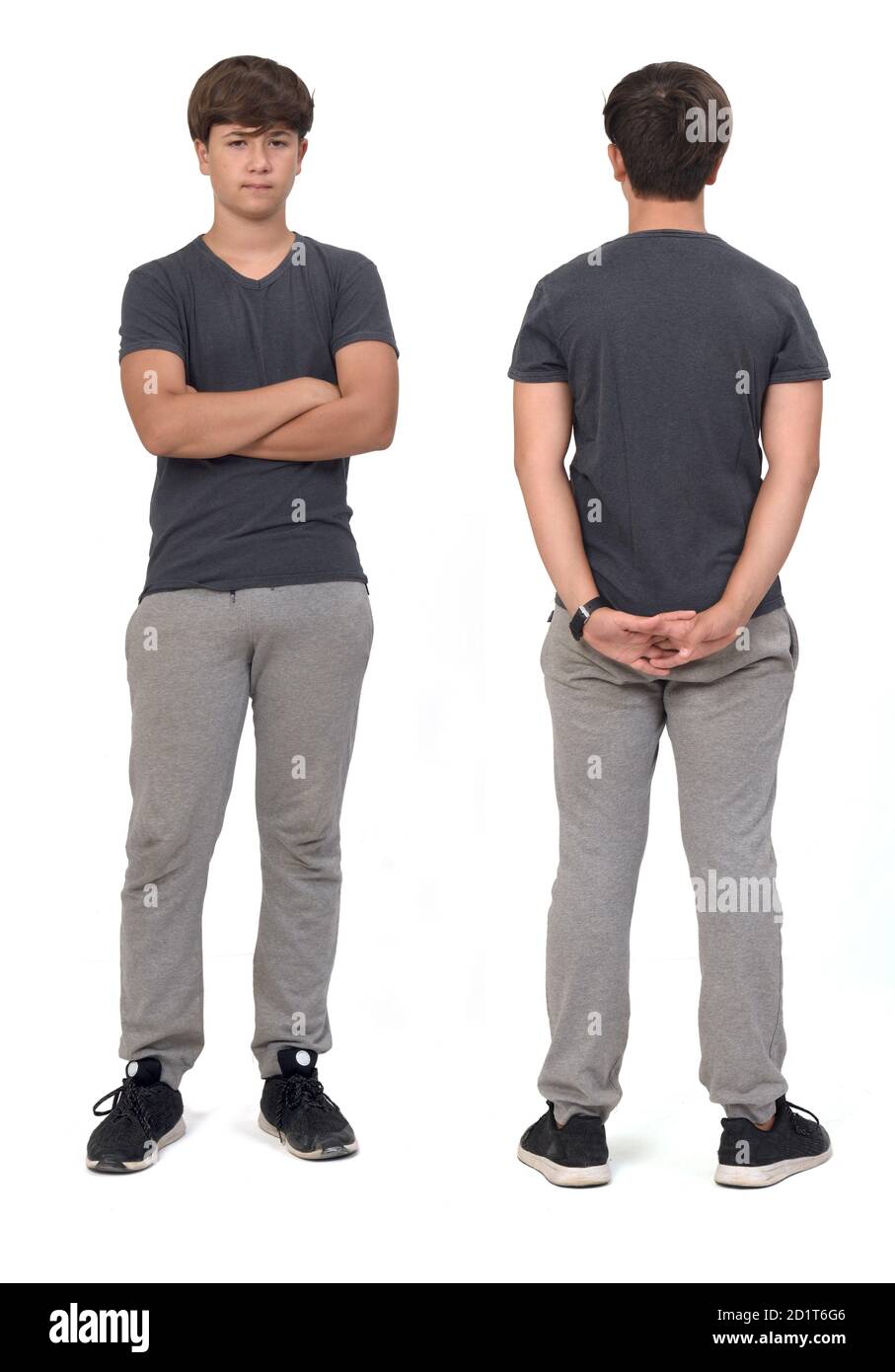 front and back view of same teenage boy with sportswear on white Stock ...