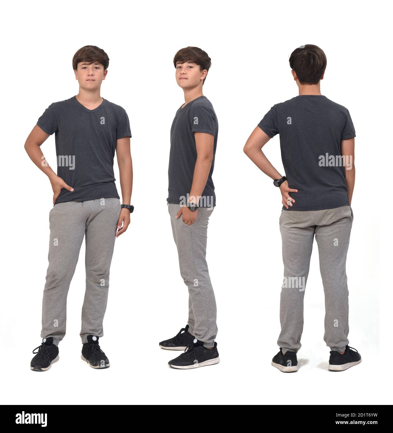 front,side and back view of same teenage boy with sportswear on white ...