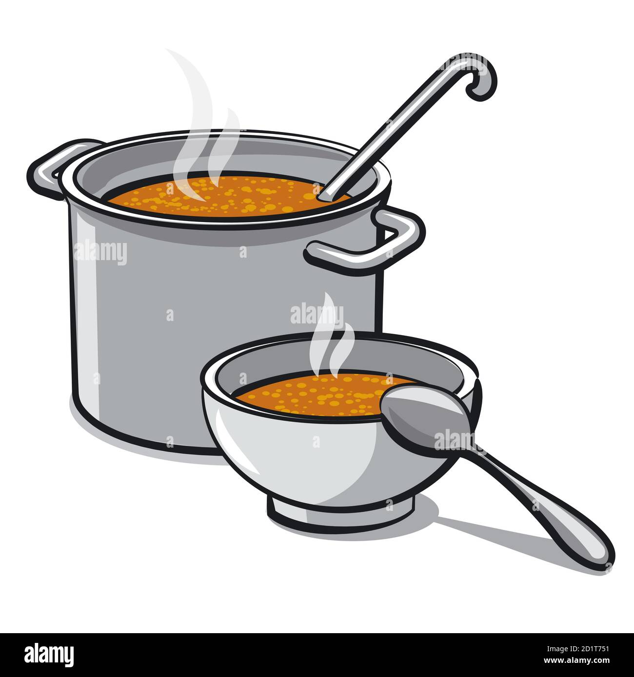 illustration of the pan and bowl with a hot soup Stock Vector Image ...