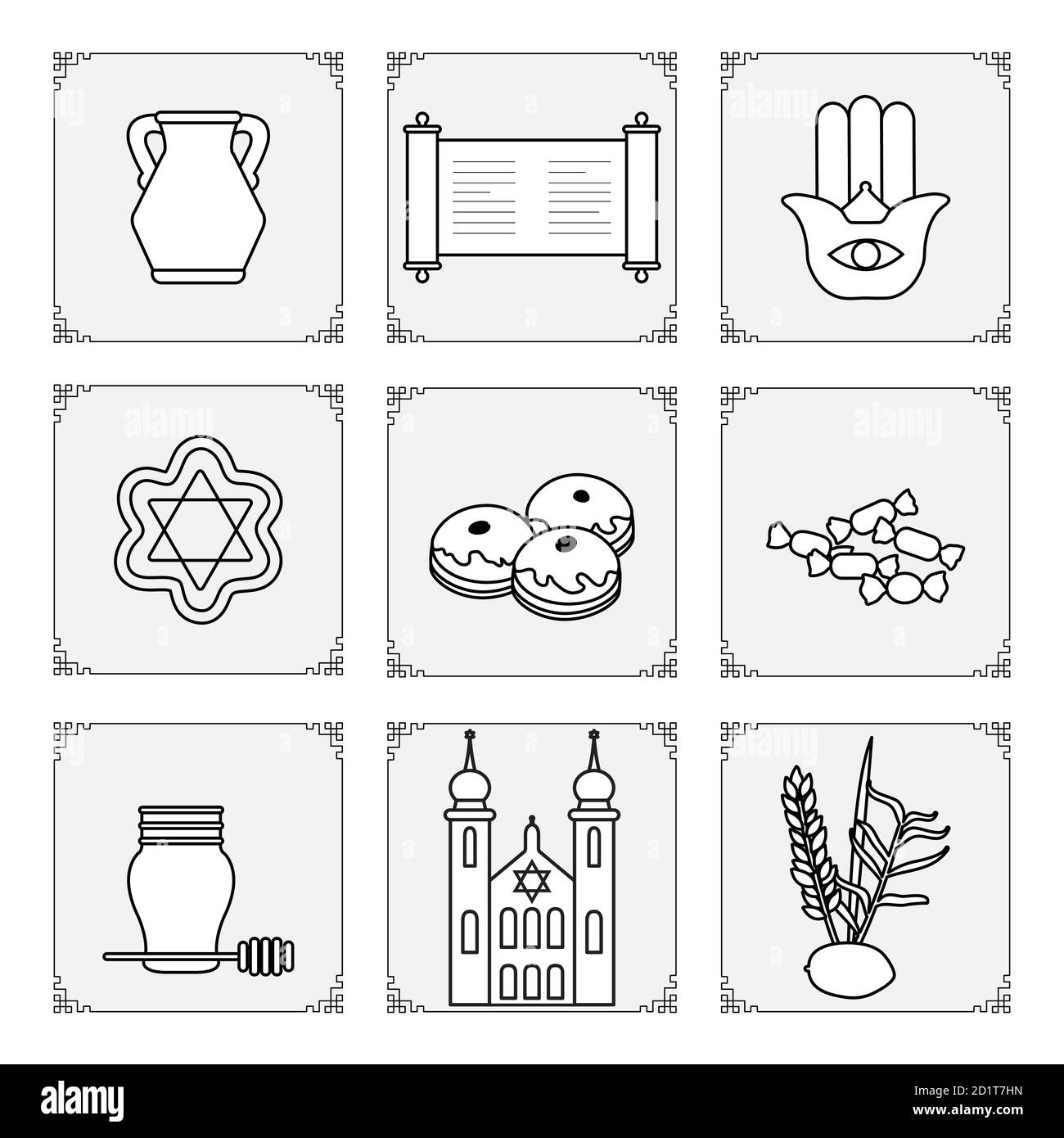 Vector illustration Jewish holiday Traditional symbols Torah scroll ...