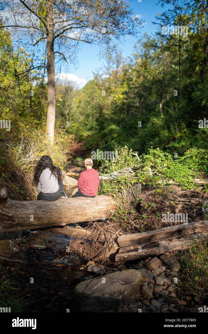 Two people rest on a log over a scenic forest stream Stock Photo - Alamy