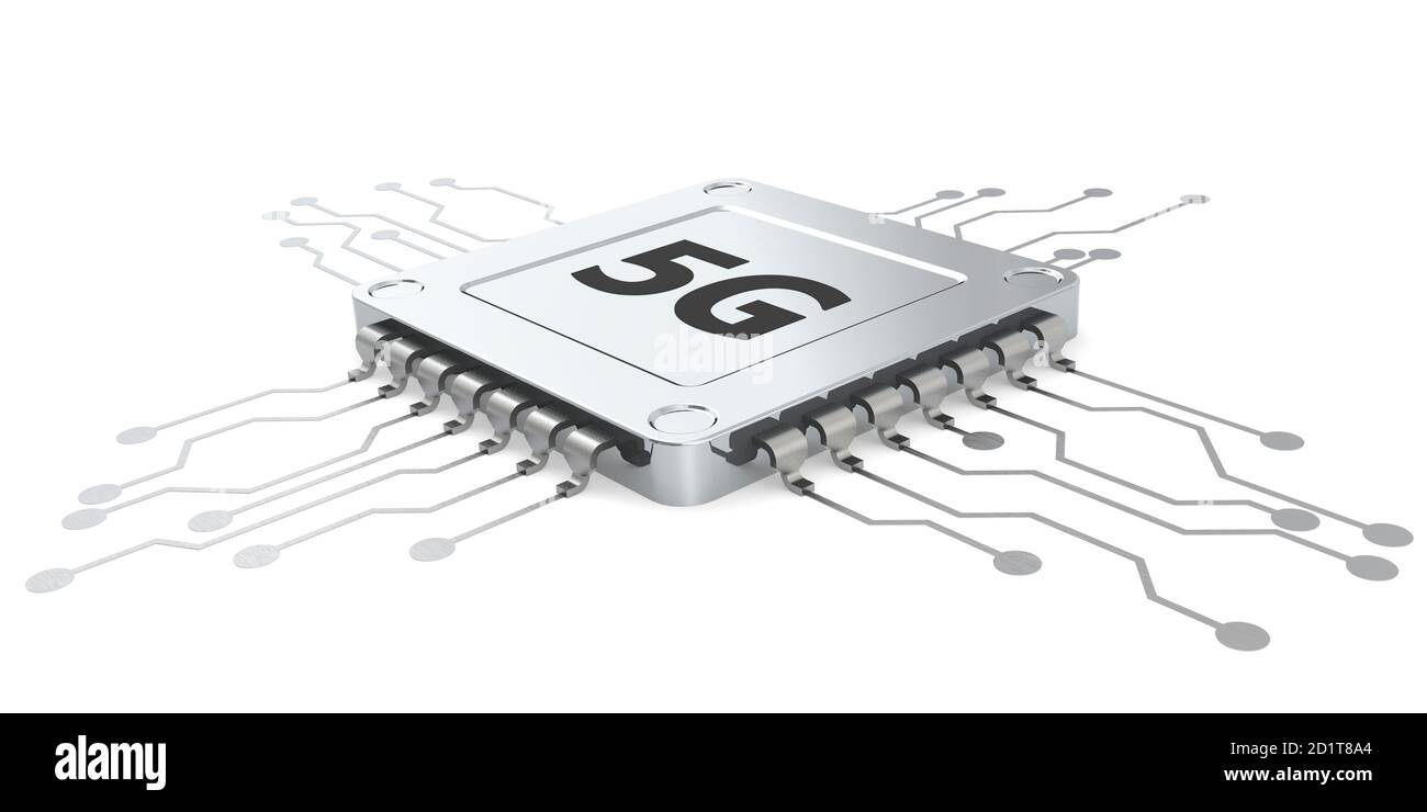 5G computer microchip isolated with white background, 3D rendering ...