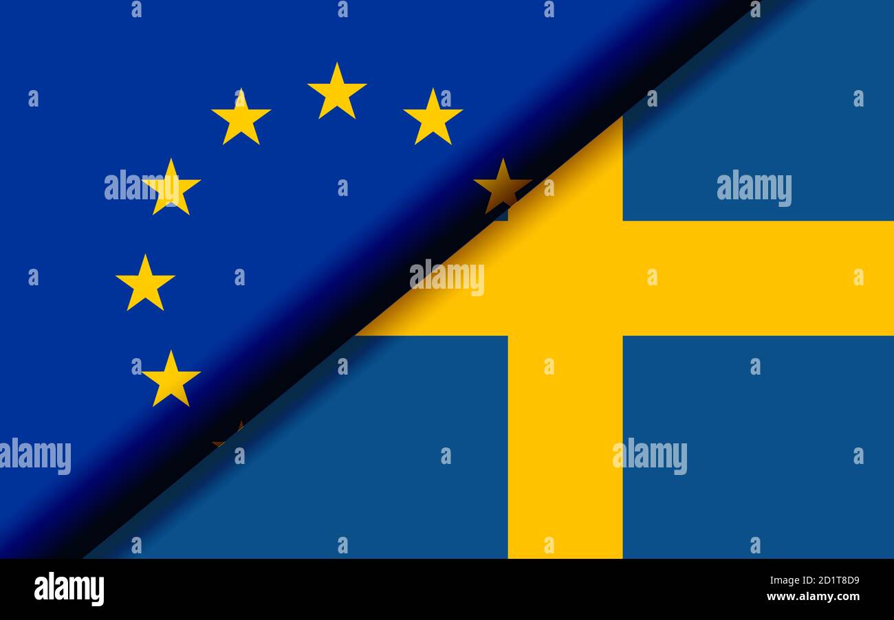 Flags of the EU and Sweden divided diagonally. 3D rendering Stock Photo ...