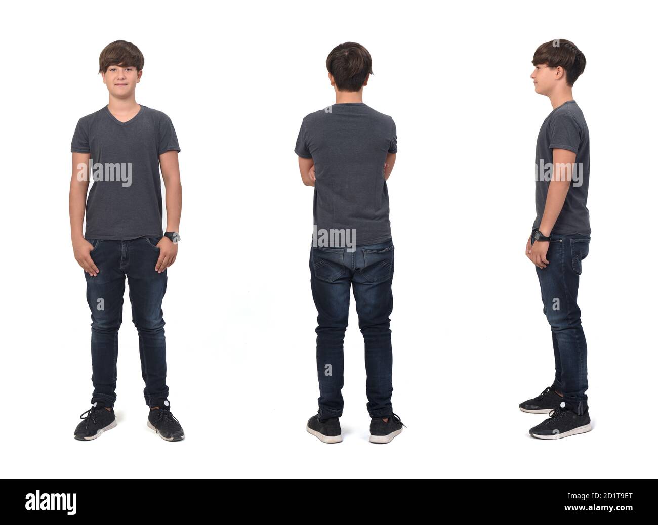 front,side and back view of same teenage boy with on white background ...