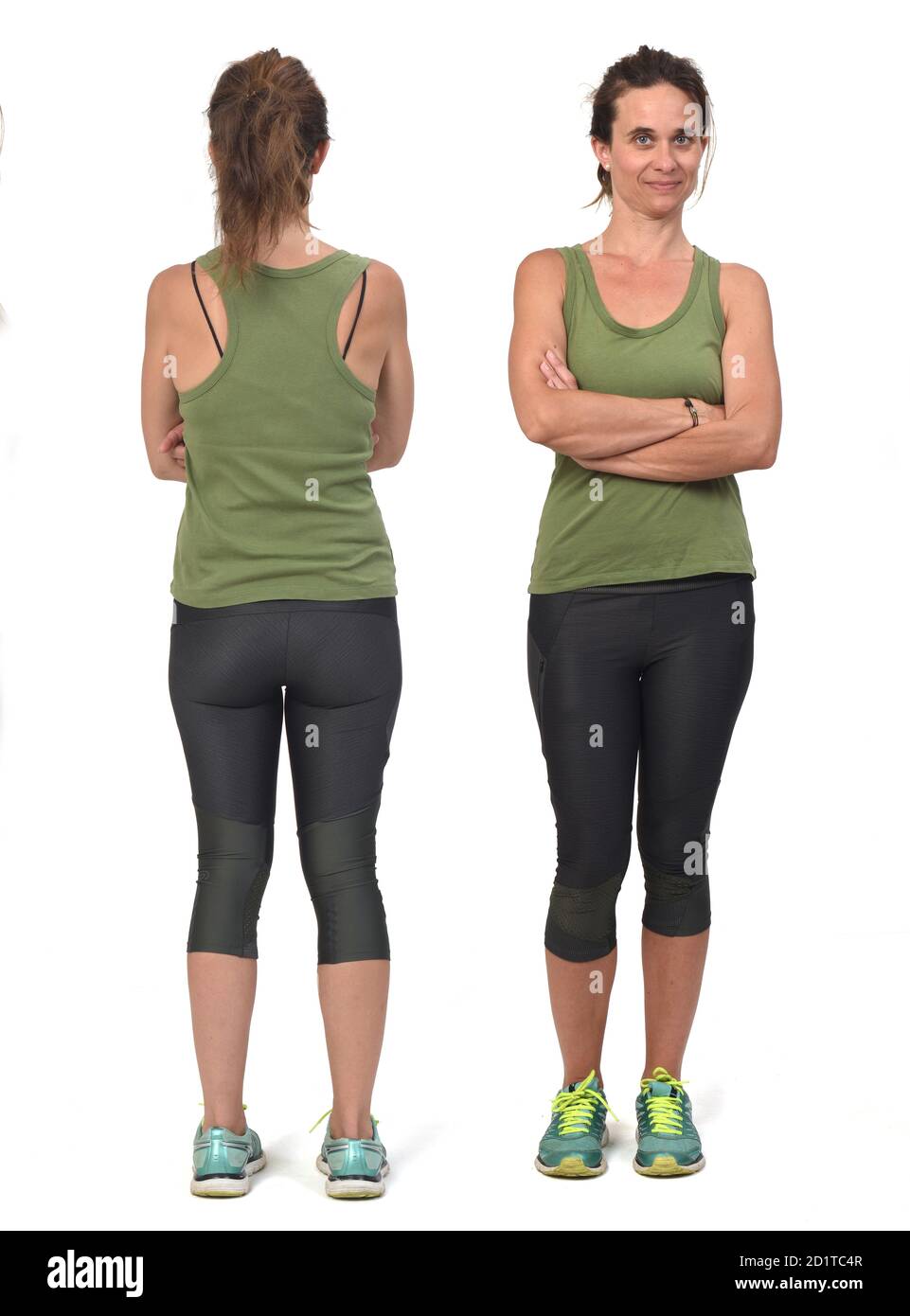 front and back view of same woman with sportswear on white Stock Photo ...