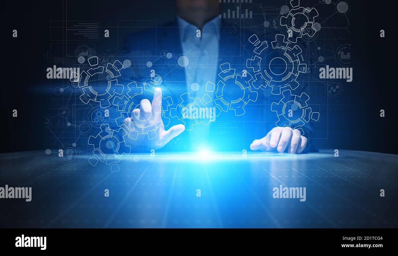 Gears mechanism on virtual screen. Automation and business process flow ...
