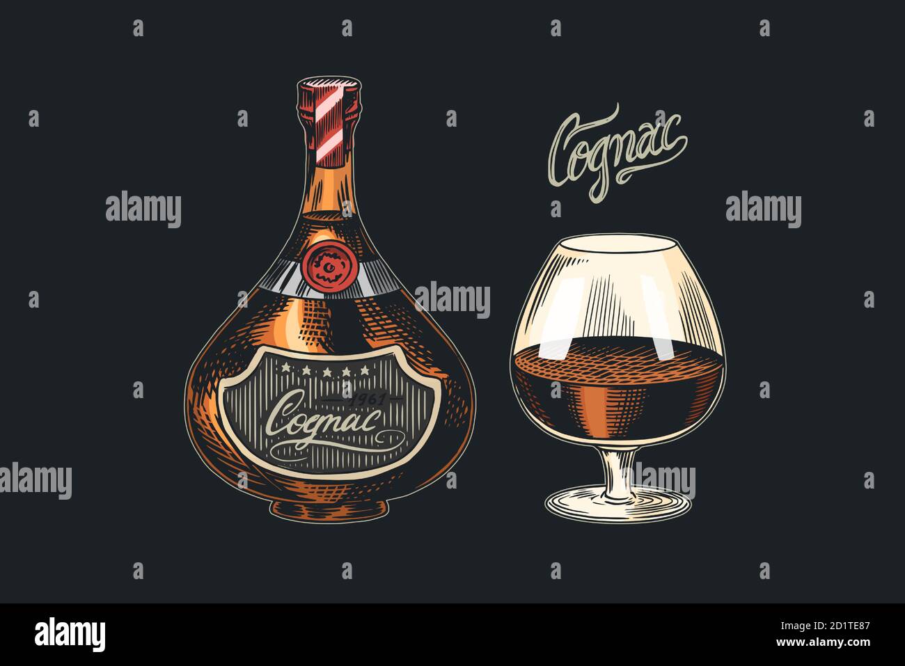Cognac bottle and glass goblet. Engraved hand drawn vintage sketch. Woodcut style. Vector ...