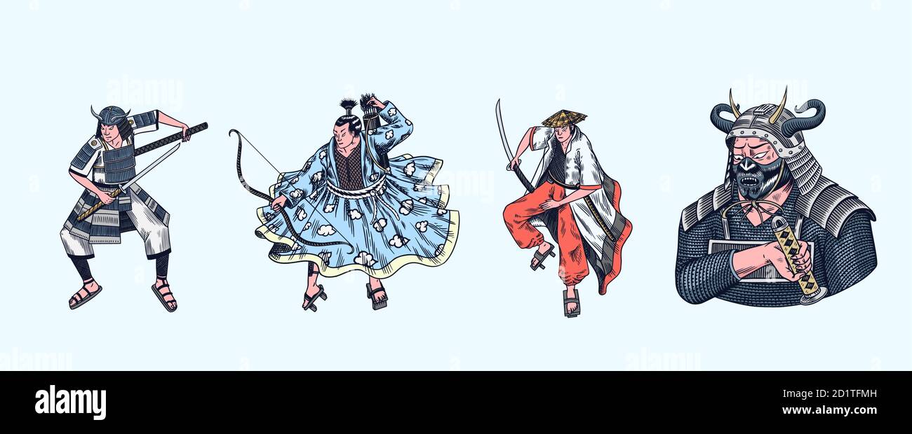 Japanese samurai set. Warriors with weapons sketch. Men in a fight pose ...