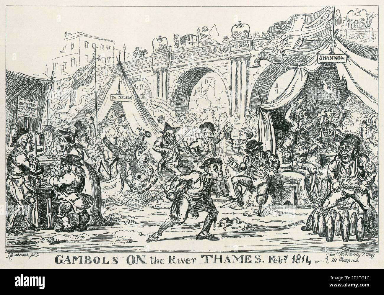 RIVER THAMES, London. "Gambols on the River Thames, Feb 1814". Cartoon ...