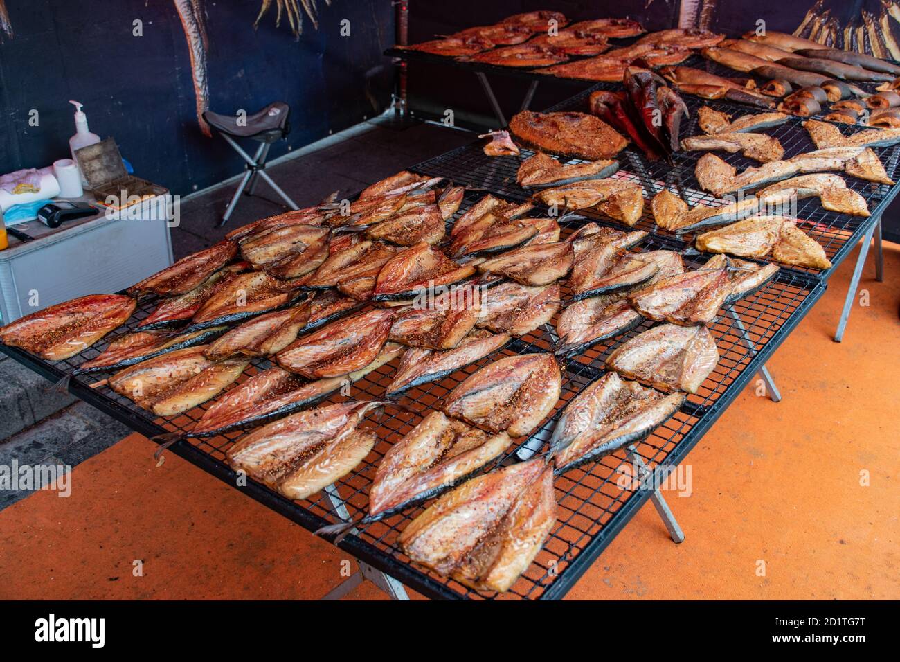 Smoked fish on a farmer's street market in Vilnius, Lithuania, ready to ...