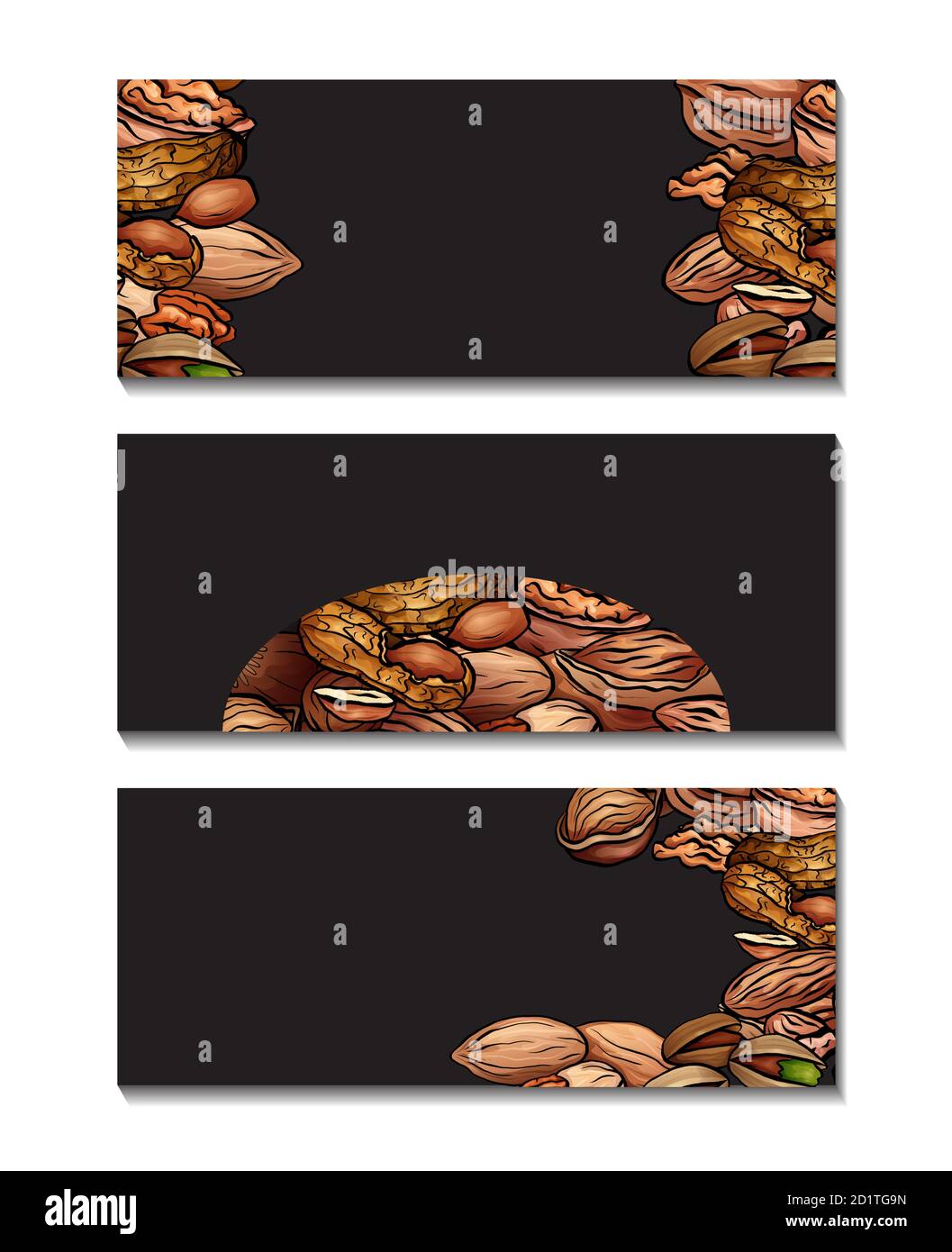 Set of horizontal banners with various cartoon nuts on a dark ...