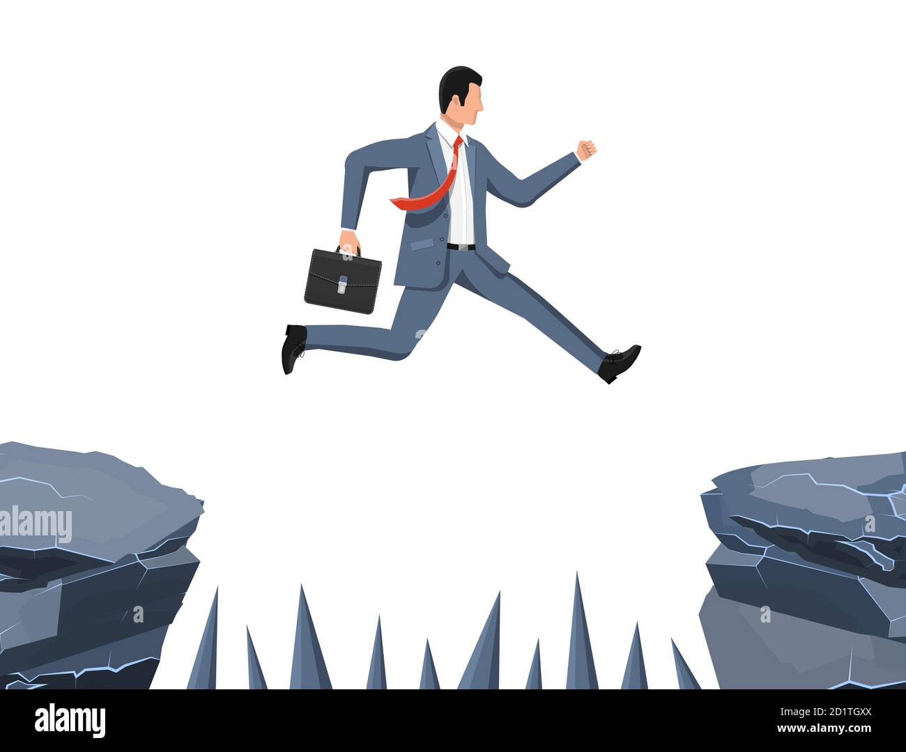 Businessman jumps to goal through abyss with thorns. Business man in ...