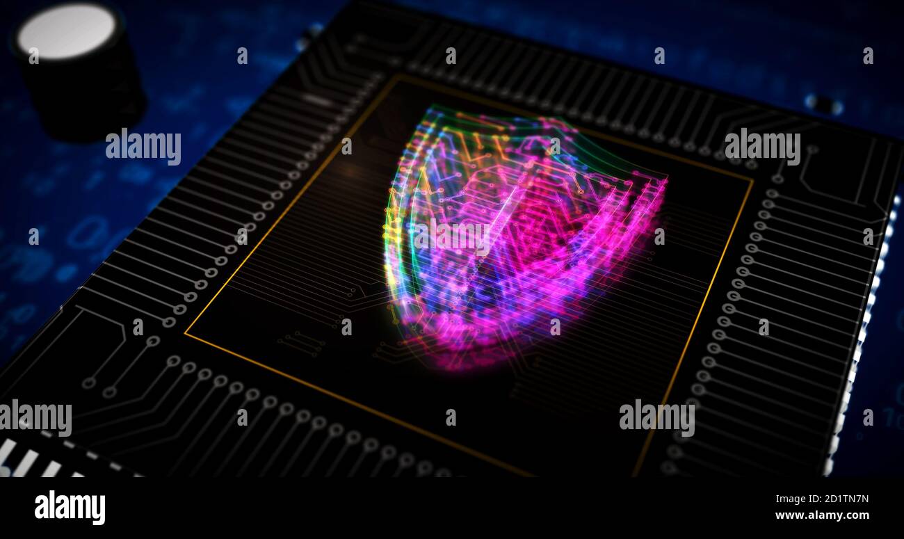Cyber security with shield symbol futuristic hologram 3D rendering ...