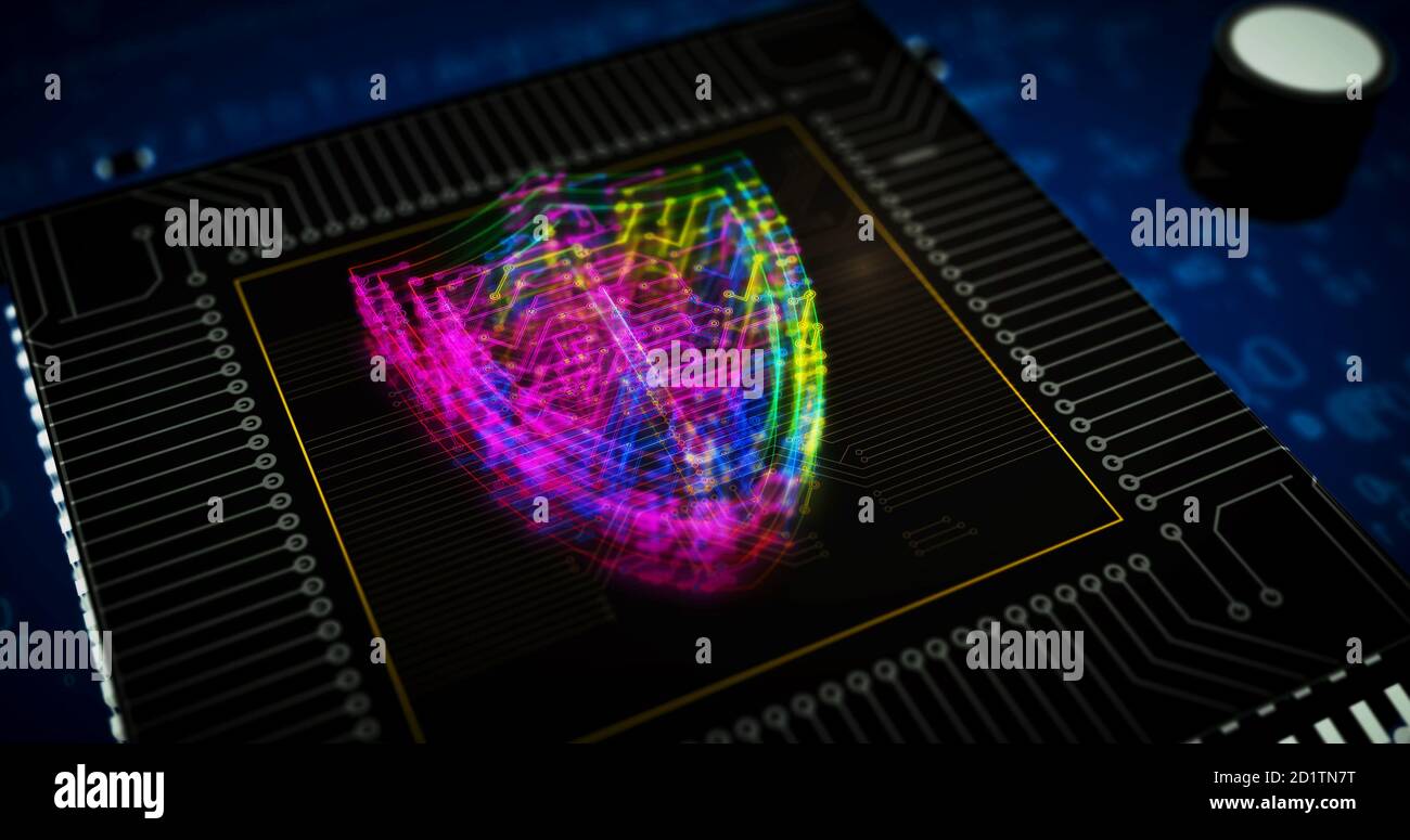 Cyber security with shield symbol futuristic hologram 3D rendering ...
