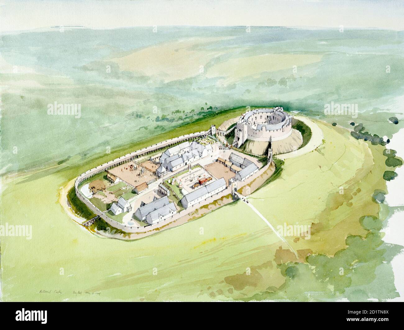 RESTORMEL CASTLE, Cornwall. "Bird's eye view of motte and bailey castle ...