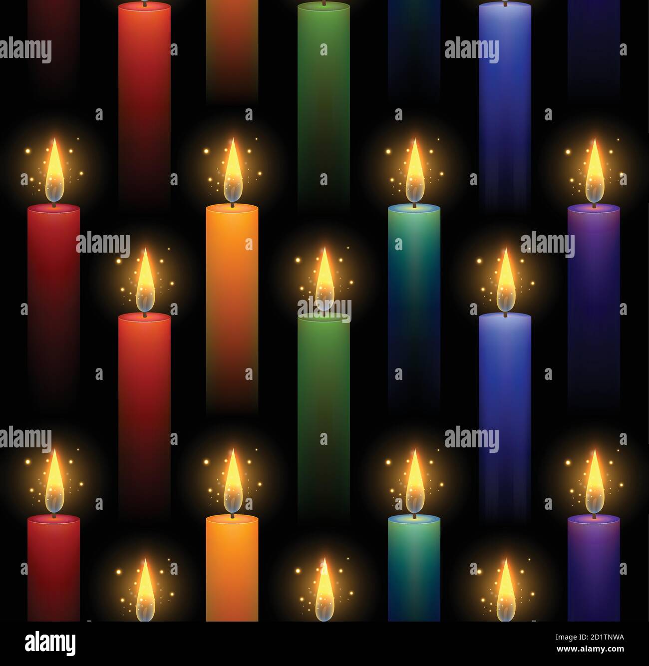 Seamless pattern with rainbow burning candles on a dark background ...