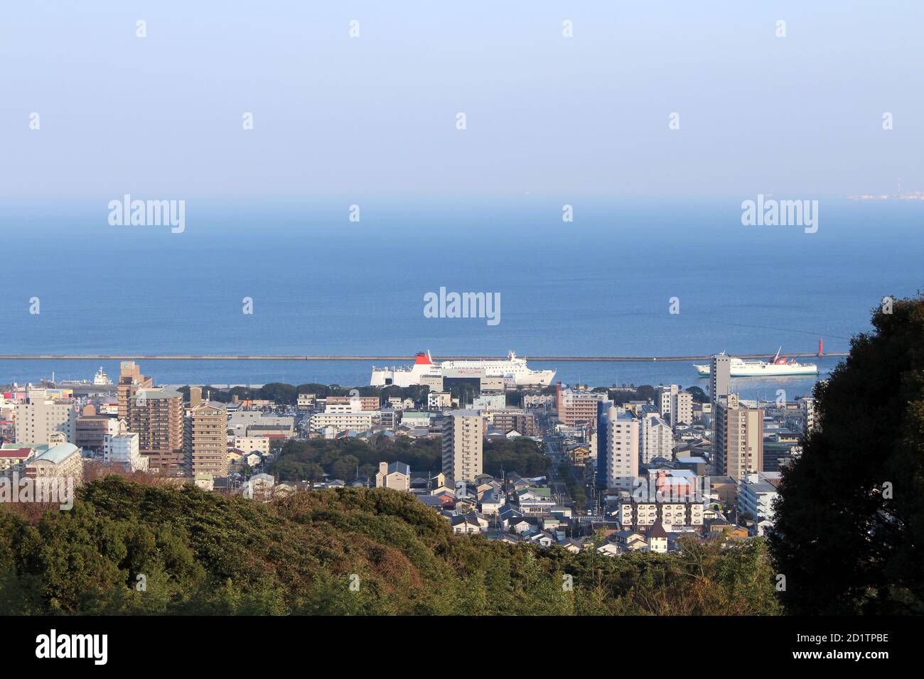 Ferry stopping at Beppu port, close to the town. Taken in December 2019 ...