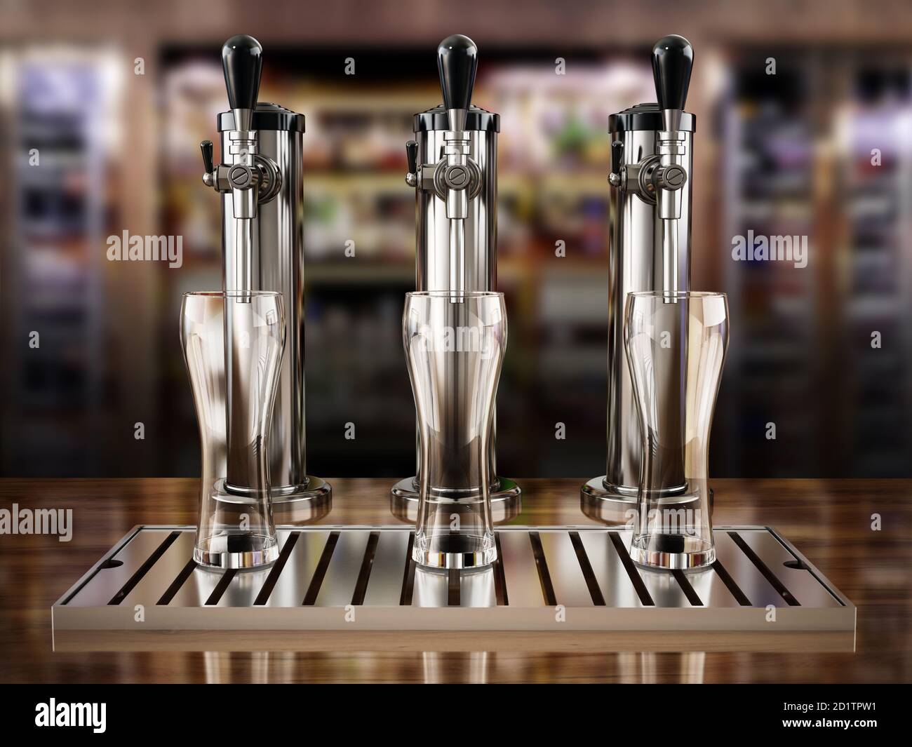 Beer taps on bar counter. 3D illustration Stock Photo - Alamy