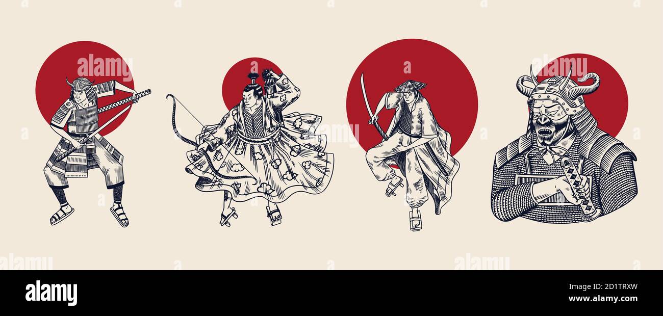 Japanese samurai and red sun. Warriors with weapons sketch. Men in a ...