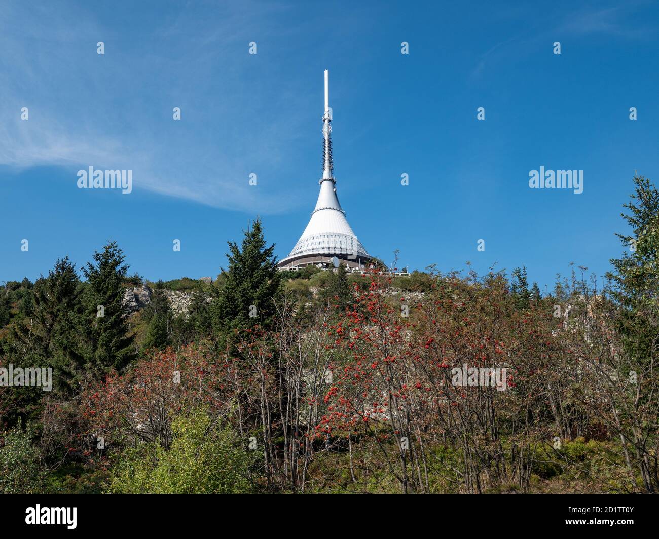 Jested tower between trees. Jested mountain peak with Jested hotel and ...