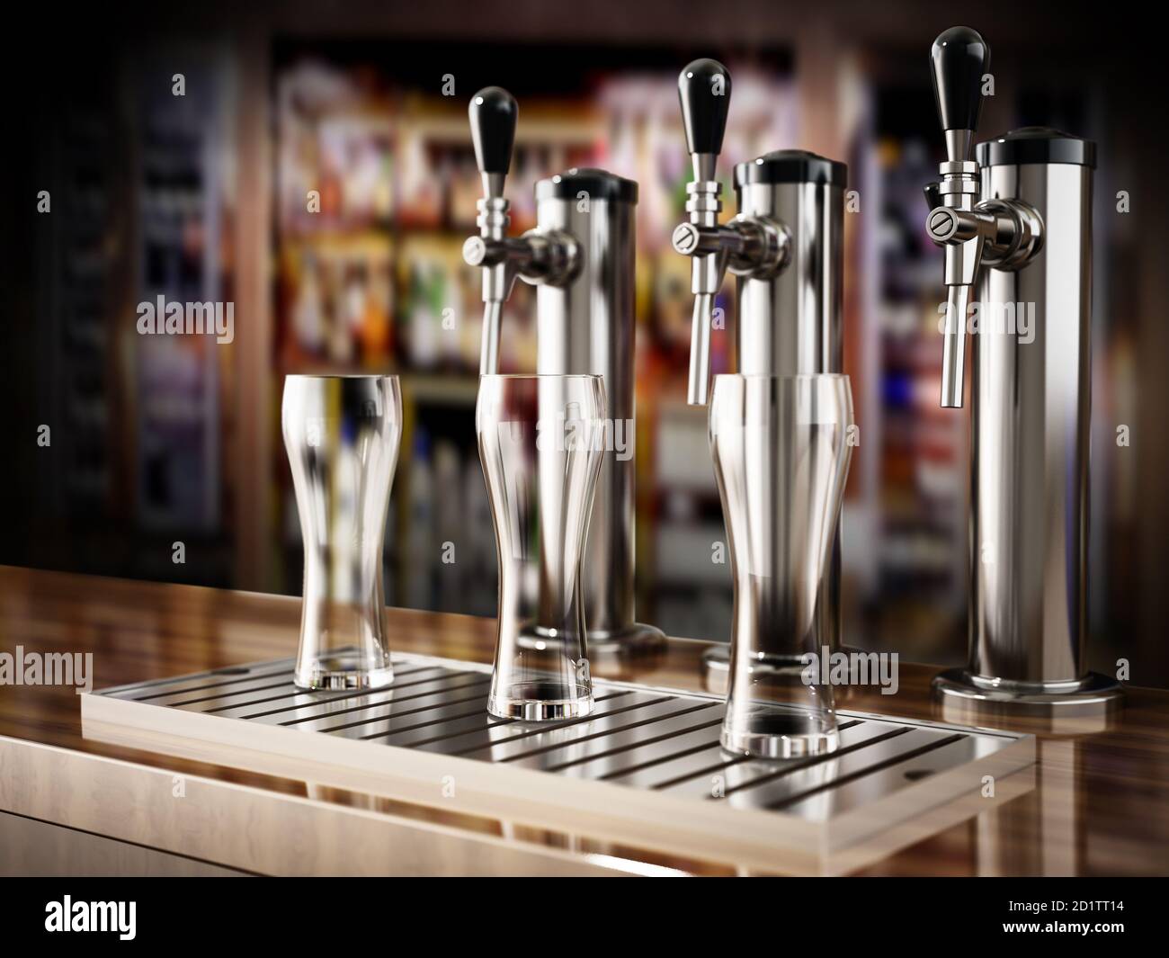 Beer taps on bar counter. 3D illustration Stock Photo - Alamy