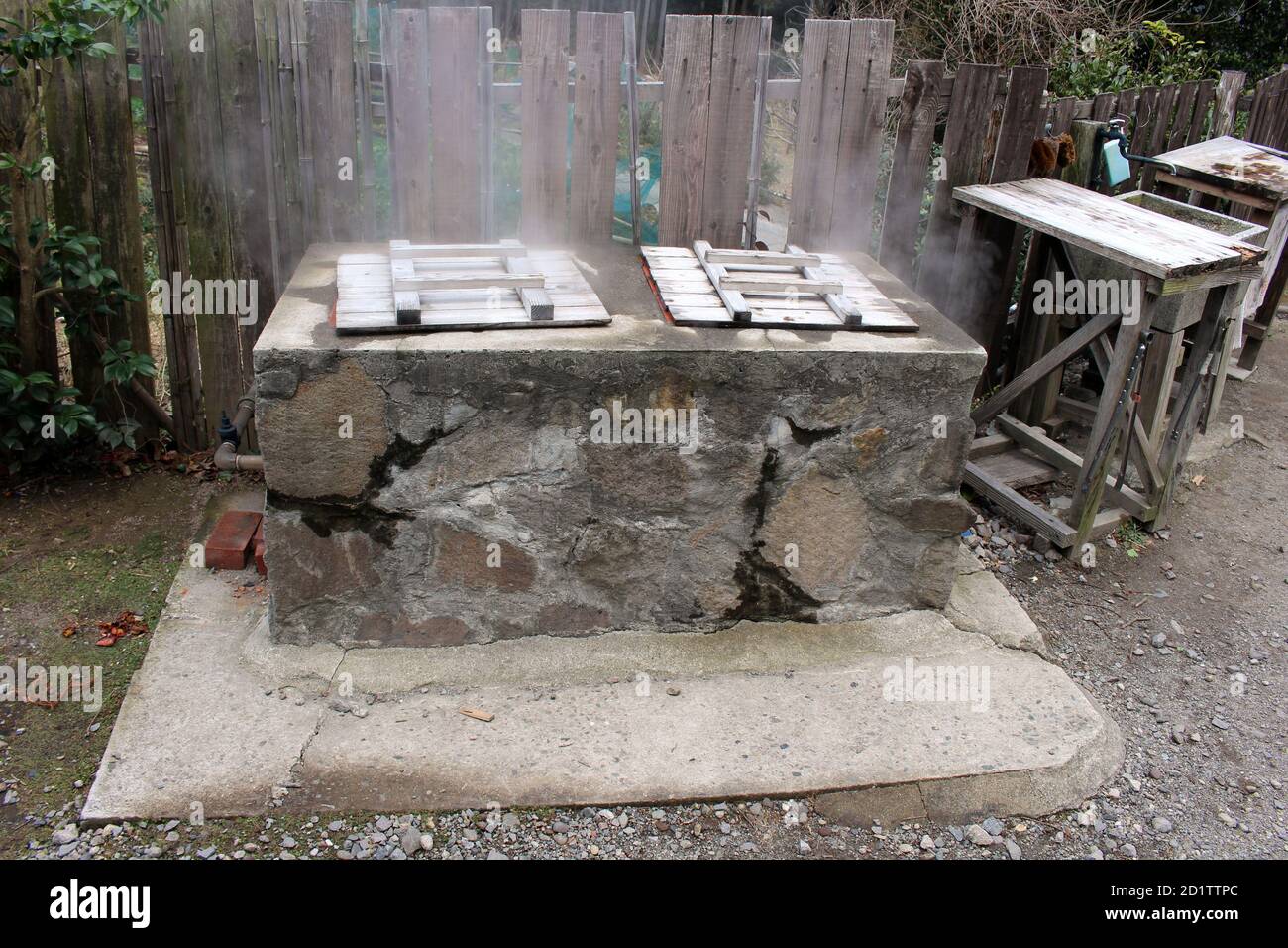 Traditional Japanese egg boiling method using steam of hotspring Stock ...